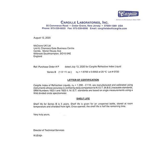 Cargille Letter of Certification, refractive index liquids – ProSciTech