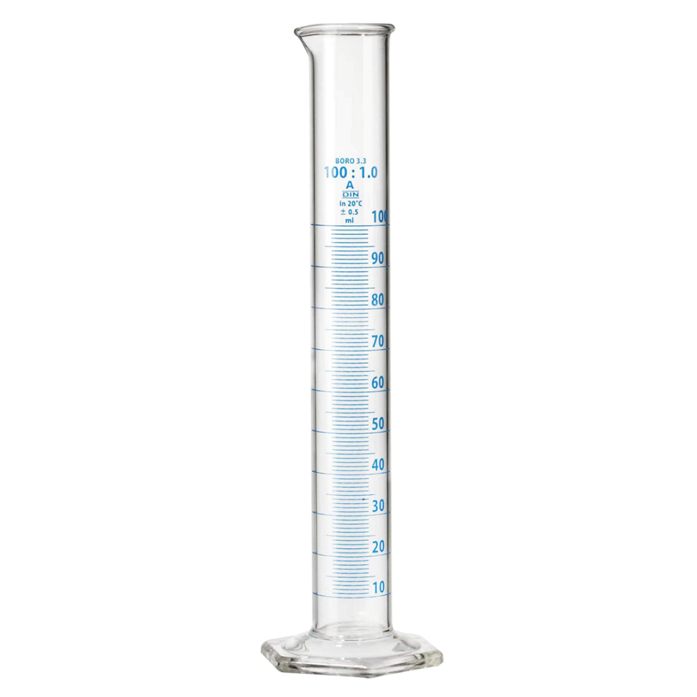 Glass measuring cylinders with spout and hexagonal base, certified ...
